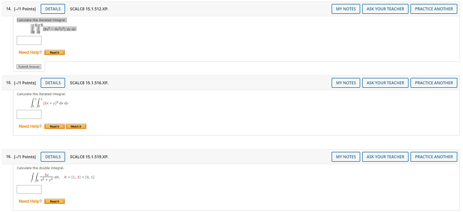 Solved Calculate the iterated integral. ∫01∫01(2x+y)5dxdy | Chegg.com