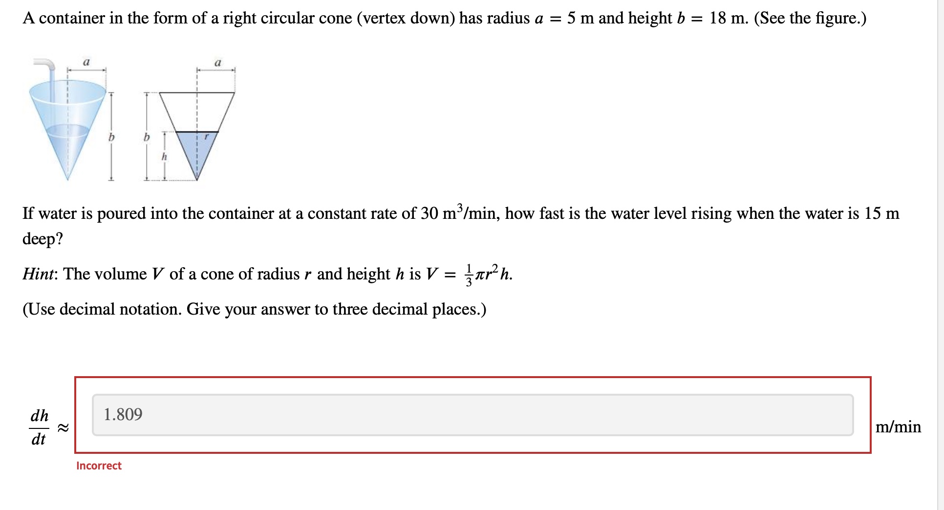 Solved A container in the form of a right circular cone | Chegg.com
