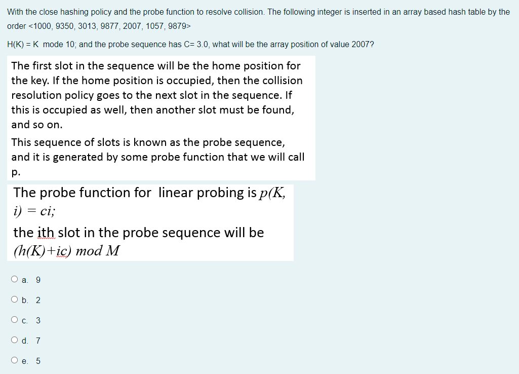Solved With the close hashing policy and the probe function | Chegg.com