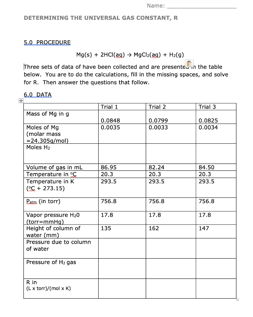 Solved Name: DETERMINING THE UNIVERSAL GAS CONSTANT, R 5.0 | Chegg.com