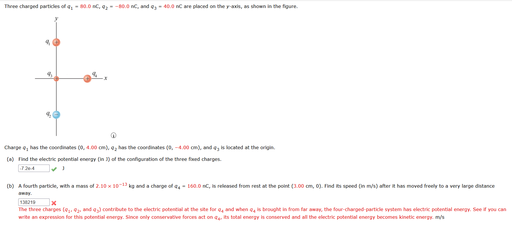 Solved Three charged particles of q1=80.0nC,q2=−80.0nC, and | Chegg.com