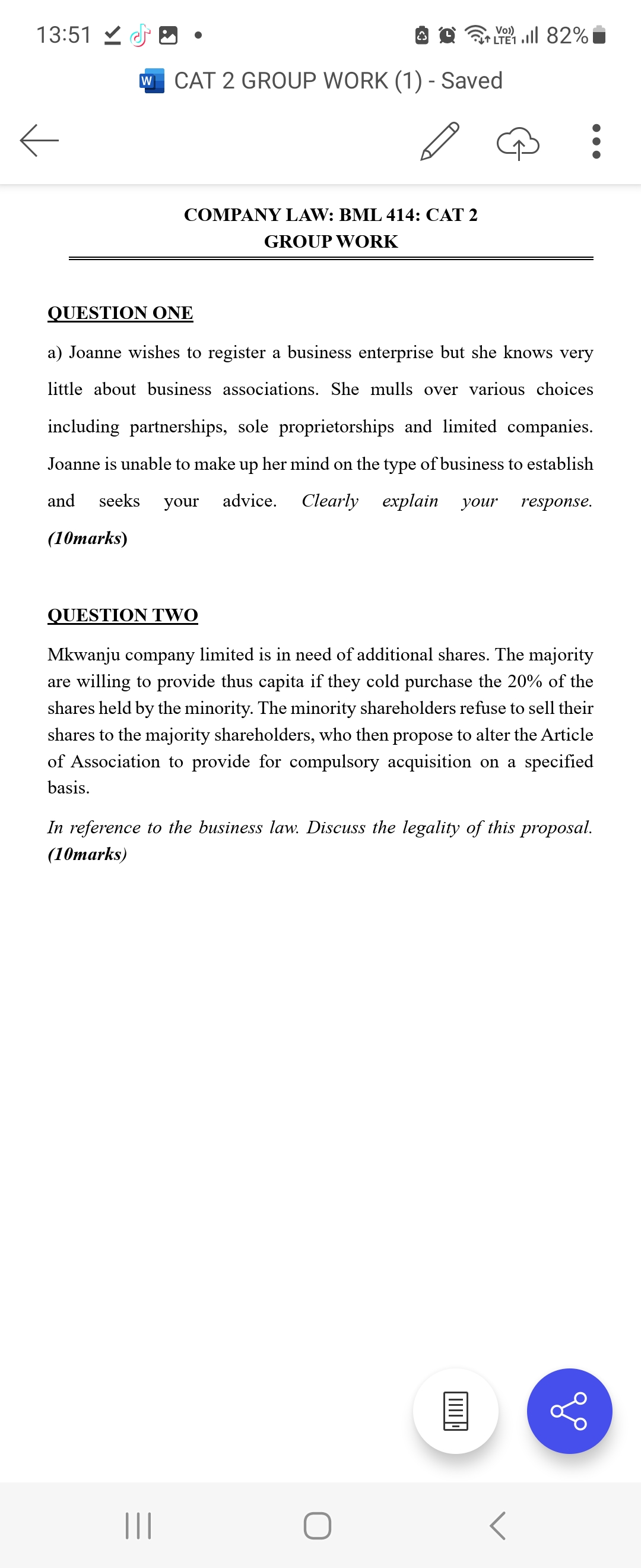 Solved COMPANY LAW: BML 414: CAT 2 GROUP WORK QUESTION ONE | Chegg.com