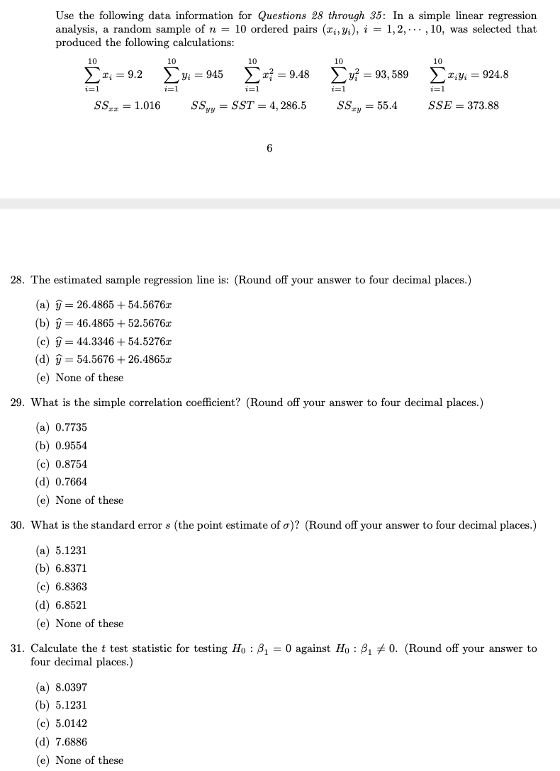 Solved Use the following data information for Questions 28 | Chegg.com