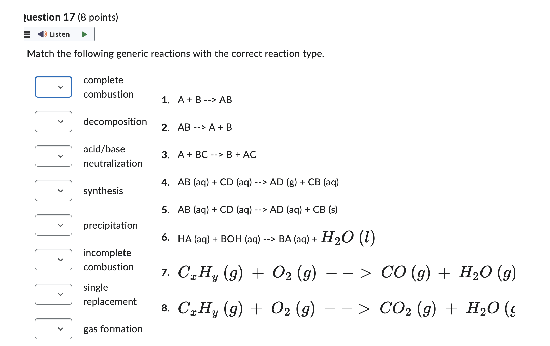 Solved Match the following generic reactions with the | Chegg.com