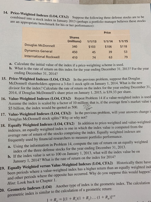 Solved 14. Price-Weighted Indexes (LO4, CFA2) Suppose the | Chegg.com