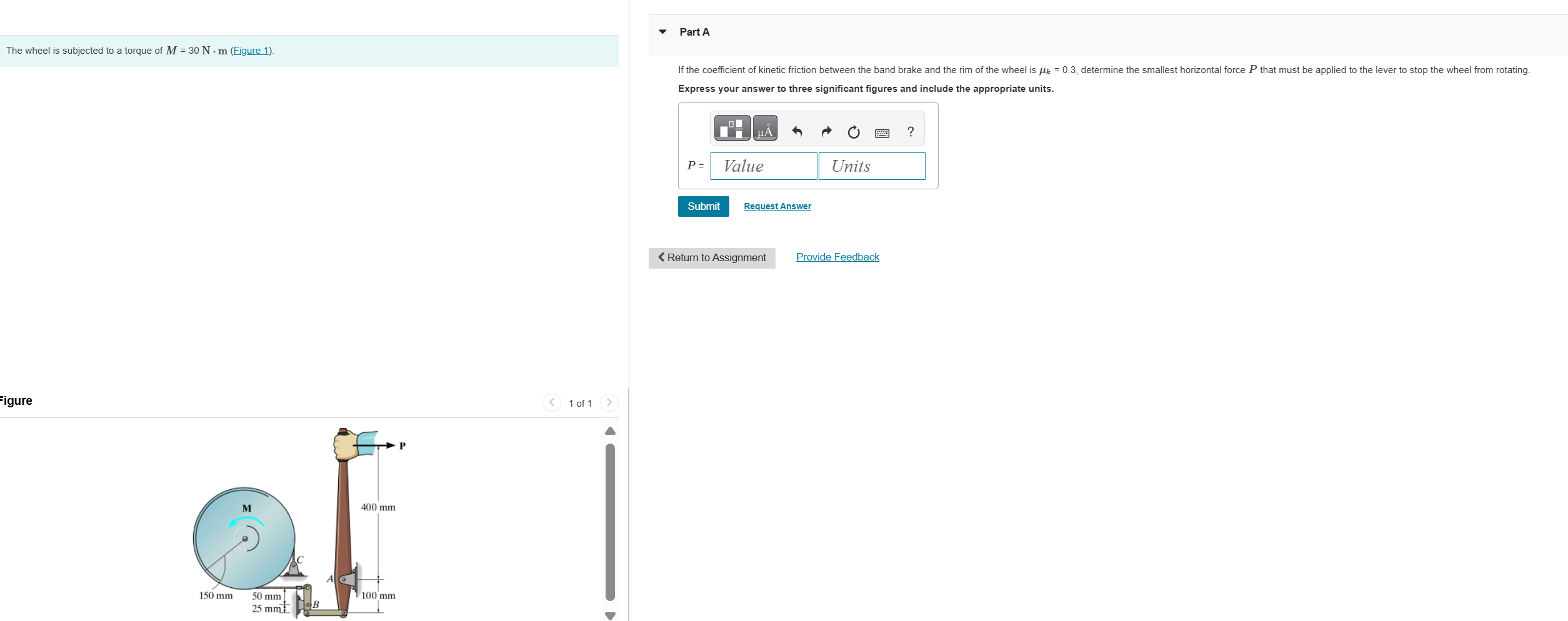 Solved The wheel is subjected to a torque of M=30N*m (Figure | Chegg.com