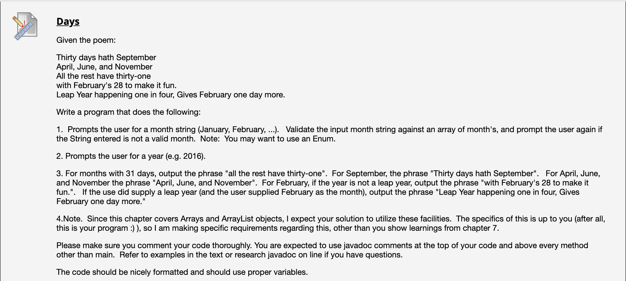 Solved Days Given the poem: Thirty days hath September | Chegg.com