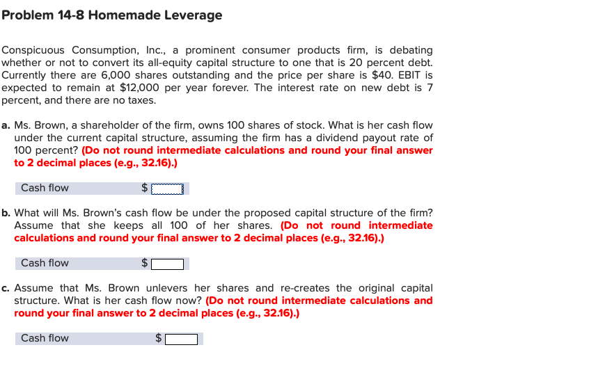 Solved Problem 14-8 Homemade Leverage Conspicuous | Chegg.com