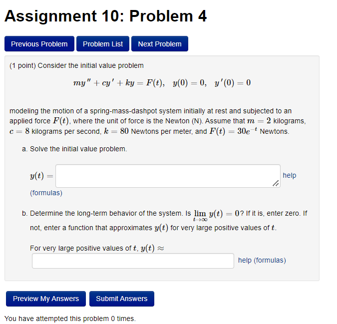 Solved Assignment 10: Problem 4 Previous Problem Problem | Chegg.com