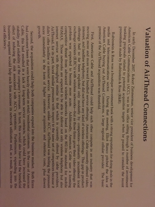Solved Valuation of AirThread Connections In early December | Chegg.com