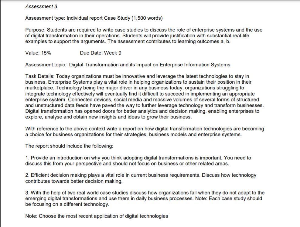 Solved Assessment 3 Assessment type: Individual report Case | Chegg.com