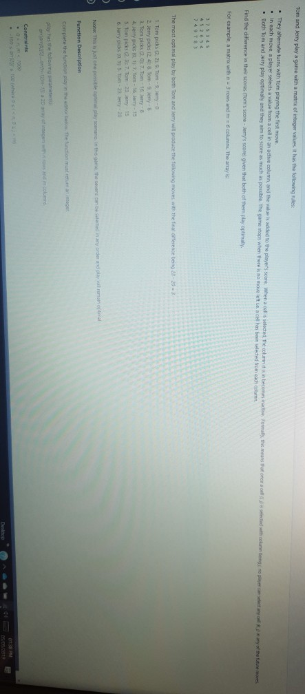 Tom and Jerry play a game with a matrix of integer | Chegg.com