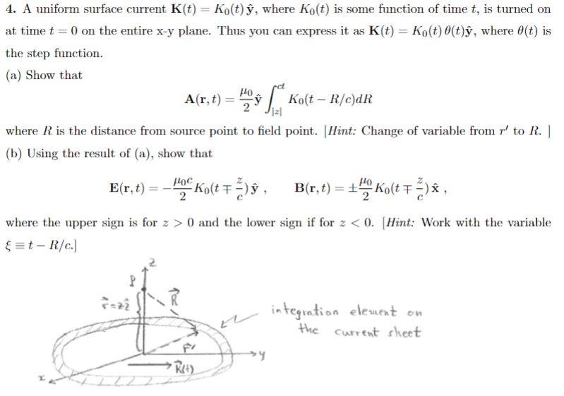 Solved 4. A uniform surface current K(t)=K0(t)y^, where | Chegg.com