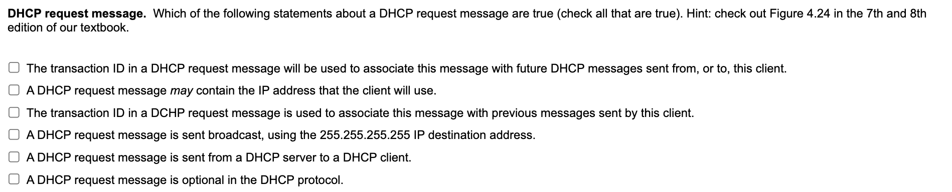 Solved DHCP request message. Which of the following | Chegg.com