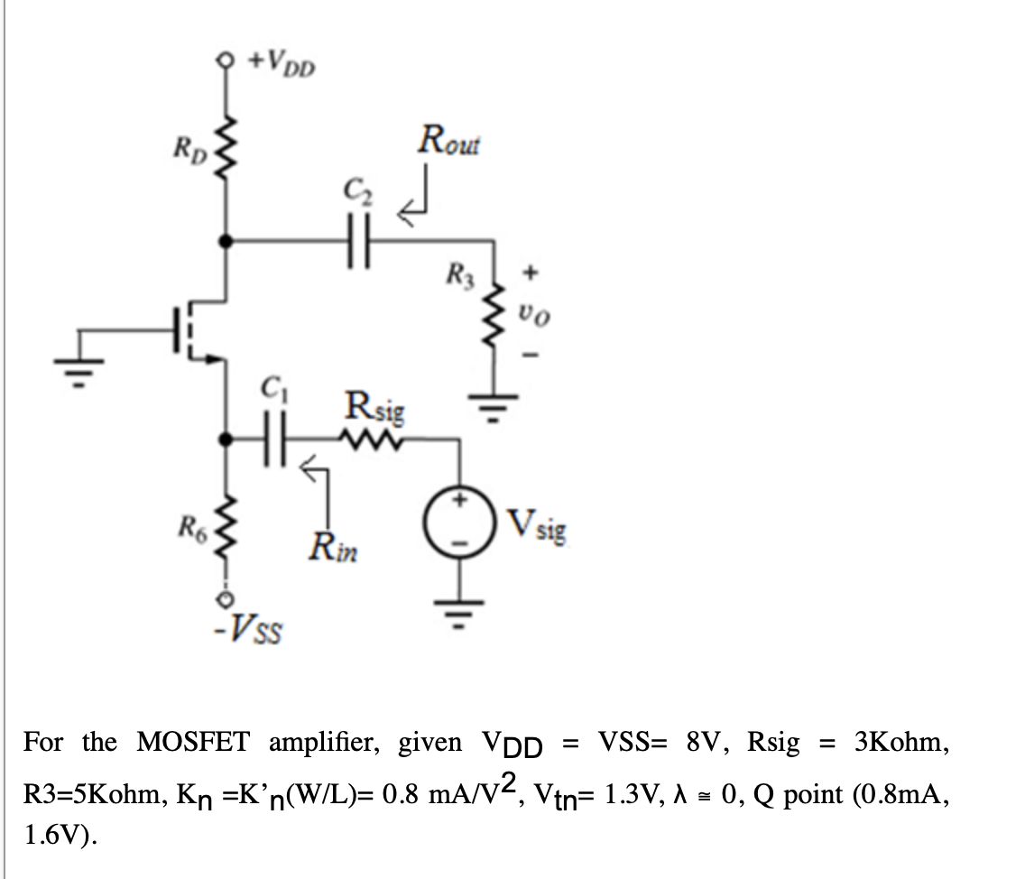 Solved For the MOSFET amplifier, given VDD=VSS=8 V, Rsig | Chegg.com