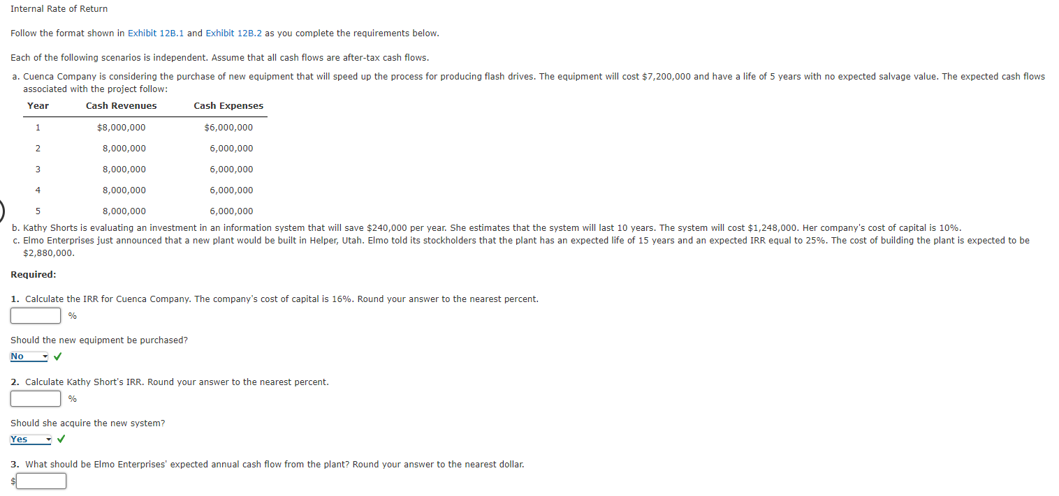 Solved Internal Rate of Return Follow the format shown in | Chegg.com