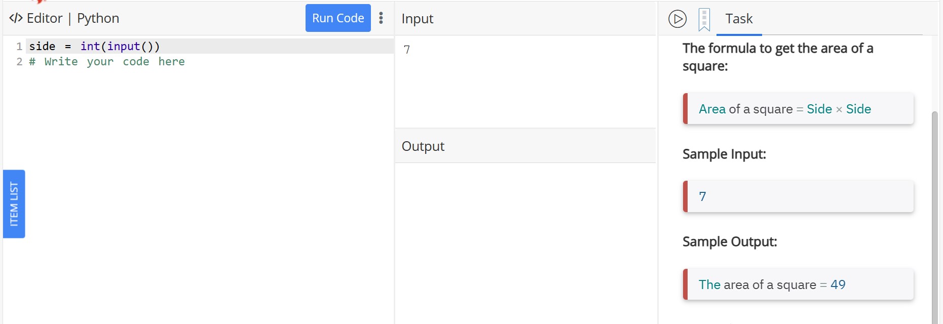 Solved Editor | ﻿Python1 ﻿side =∫﻿﻿(input())2 ﻿# Write your | Chegg.com
