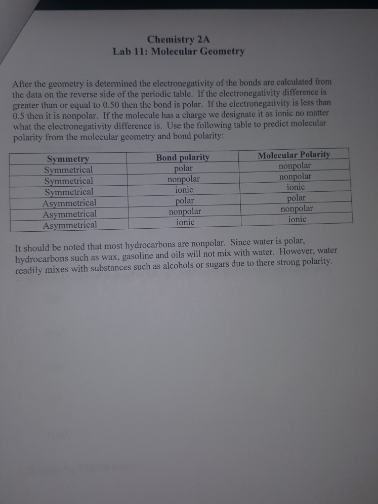 Solved Chemistry 2A Lab 11: Molecular Geometry Section | Chegg.com