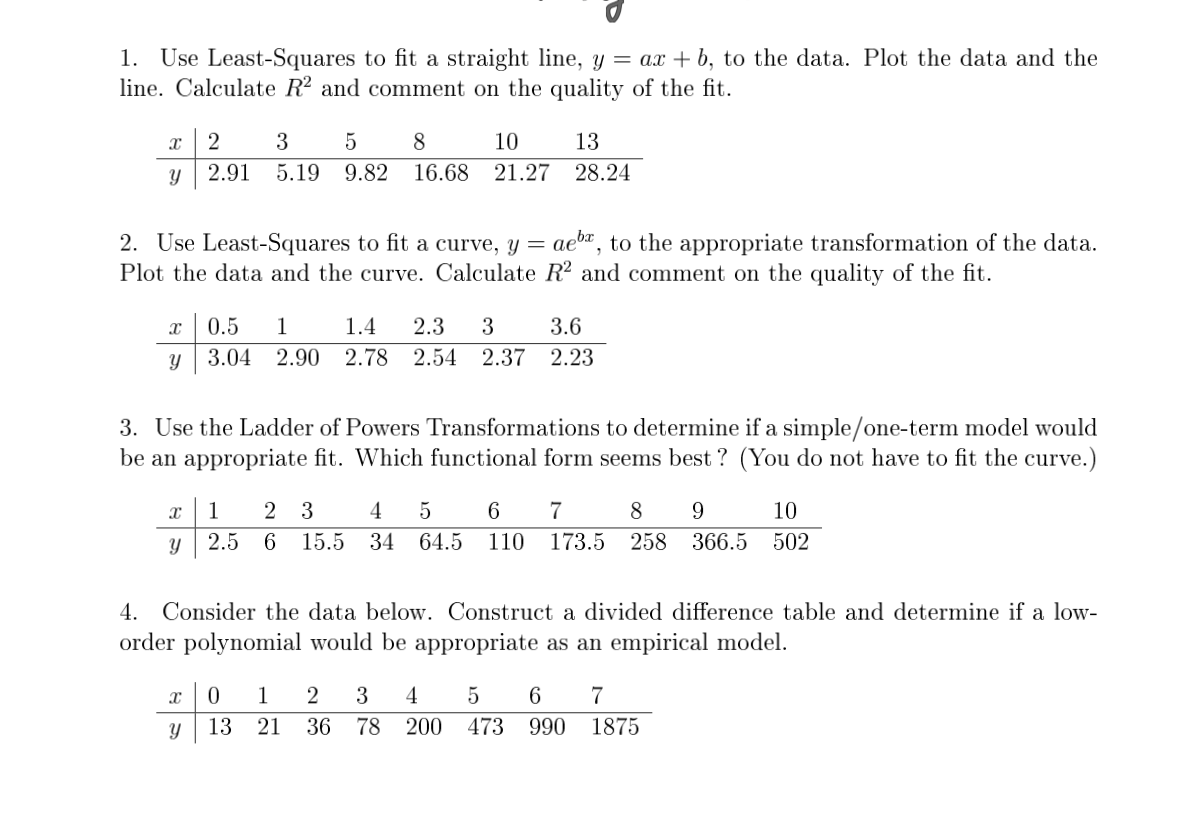 Solved 1. Use Least-Squares to fit a straight line, y = ax + | Chegg.com