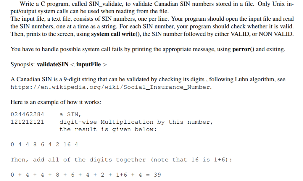 Solved Write a C program, called SIN_validate, to validate | Chegg.com