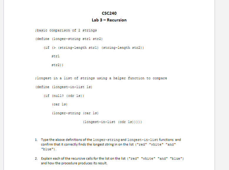 Solved CSC240 Lab 3 - Recursion ;basic comparison of 2 | Chegg.com