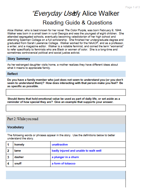 "Everyday Ustiy Alice Walker Reading Guide \& | Chegg.com