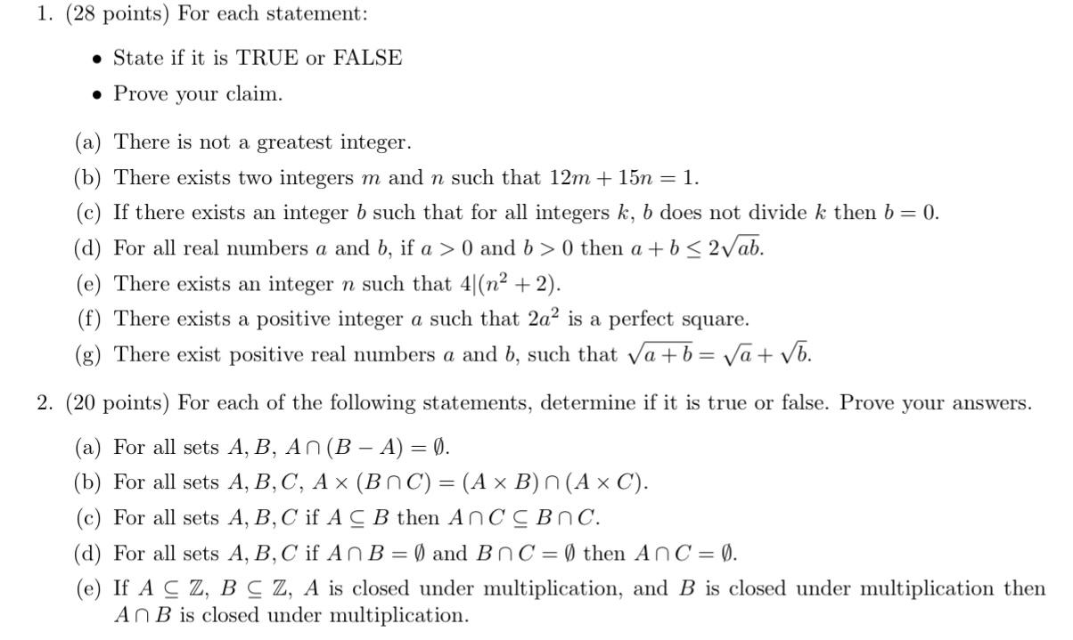 Solved 1. (28 points) For each statement: • State if it is | Chegg.com
