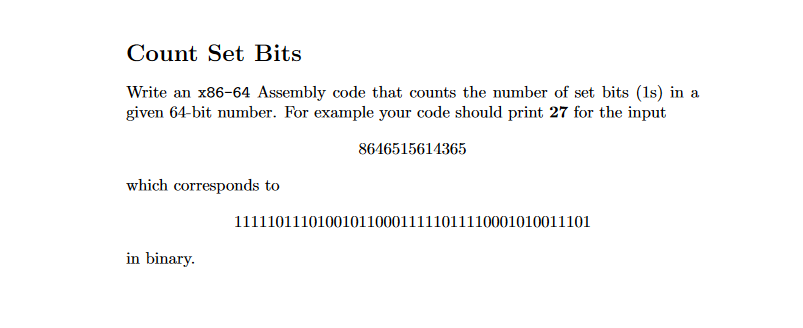 Solved Count Set Bits a Write an x86-64 Assembly code that | Chegg.com