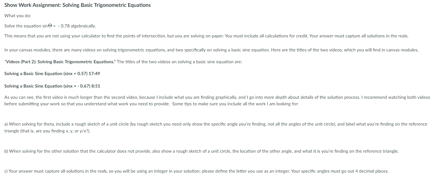 Solved Show Work Assignment: Solving Basic Trigonometric | Chegg.com