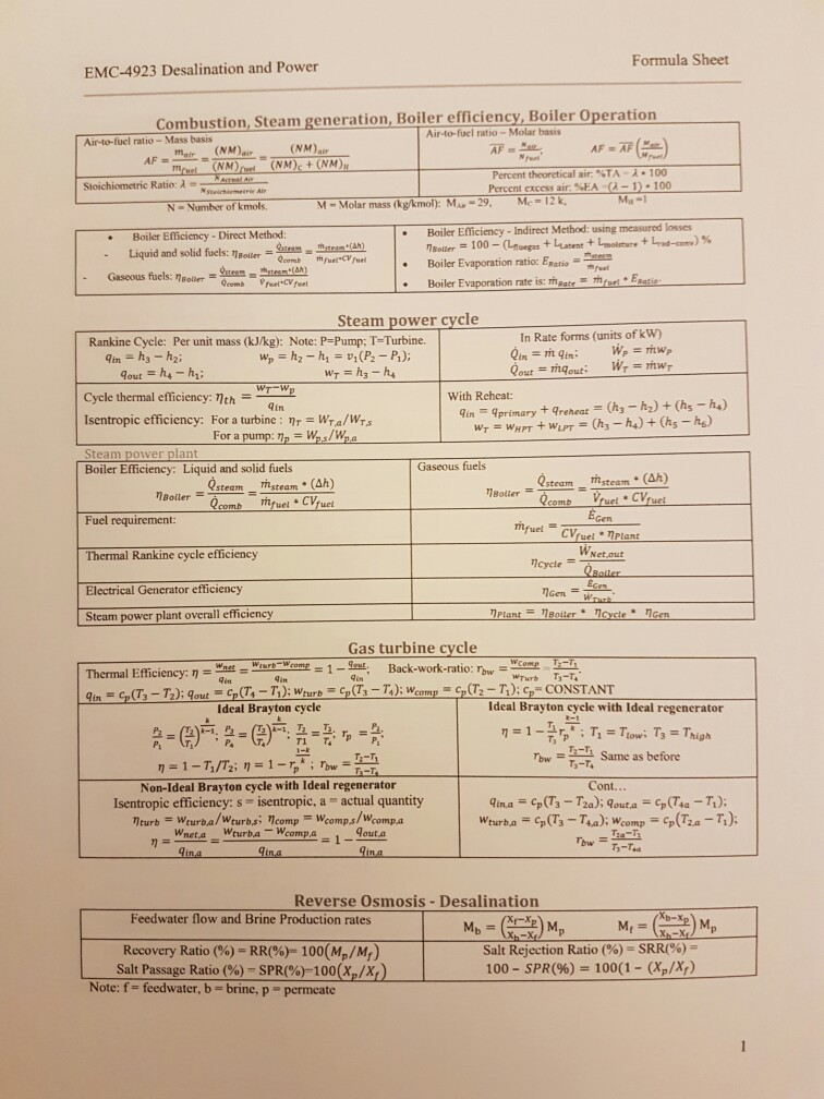 Solved Formula Sheet EMC-4923 Desalination and Power | Chegg.com