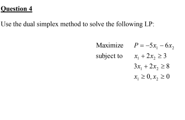 Solved Question 4 Use the dual simplex method to solve the | Chegg.com