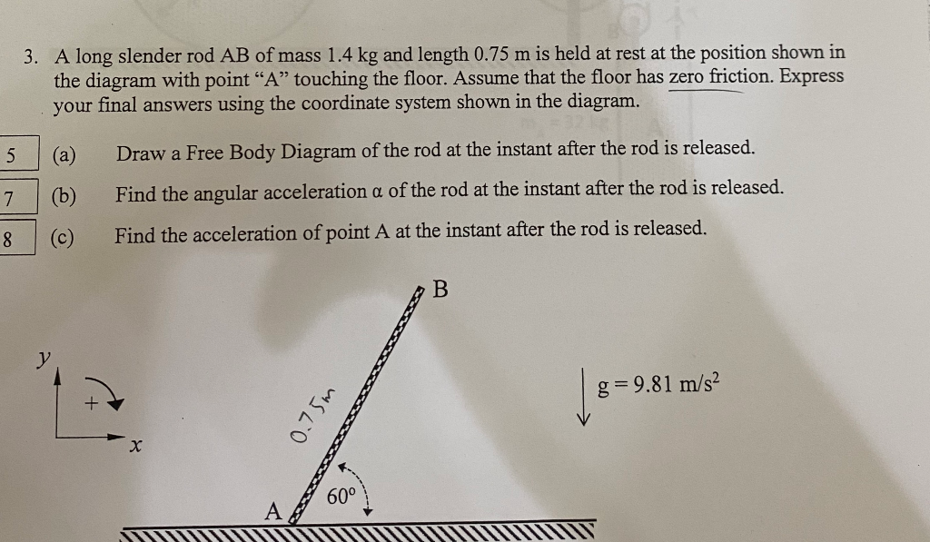 Solved 3. A long slender rod AB of mass 1.4 kg and length | Chegg.com
