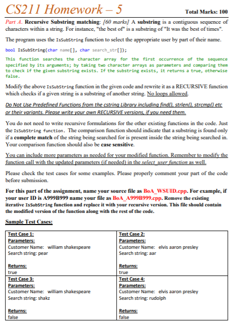 Solved CS211 Homework – 5 Total Marks: 100 Question 1 of 1. | Chegg.com