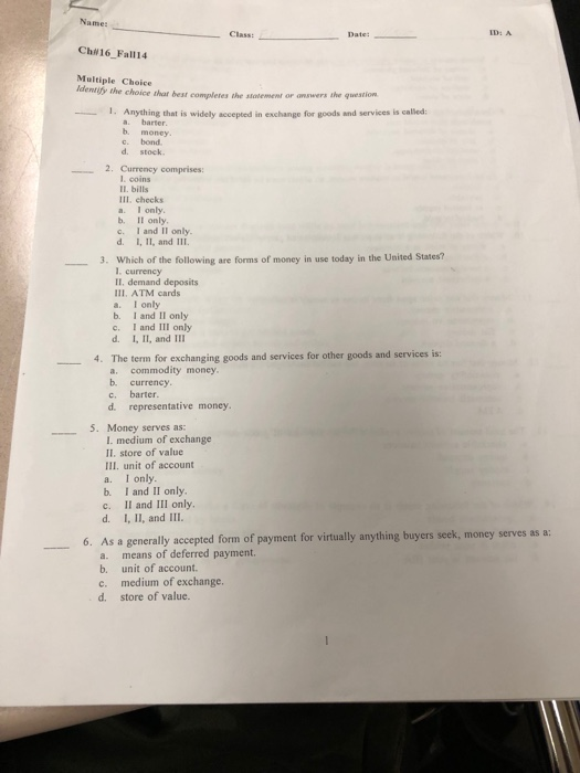 Solved Name: Class: Date: ID: A Chn 6-Fall I 4 Multiple | Chegg.com