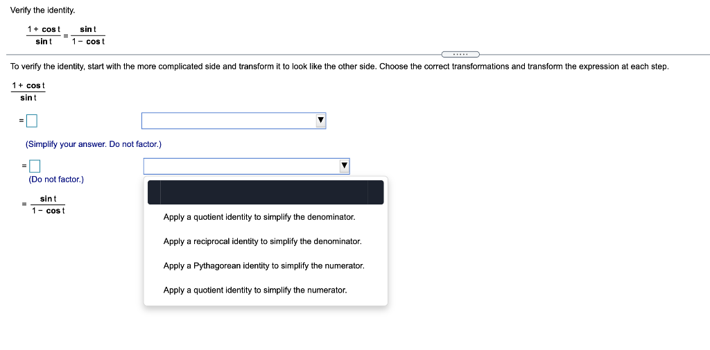 Solved Verify the identity. 1 + cost sint sint 1 - cost To | Chegg.com