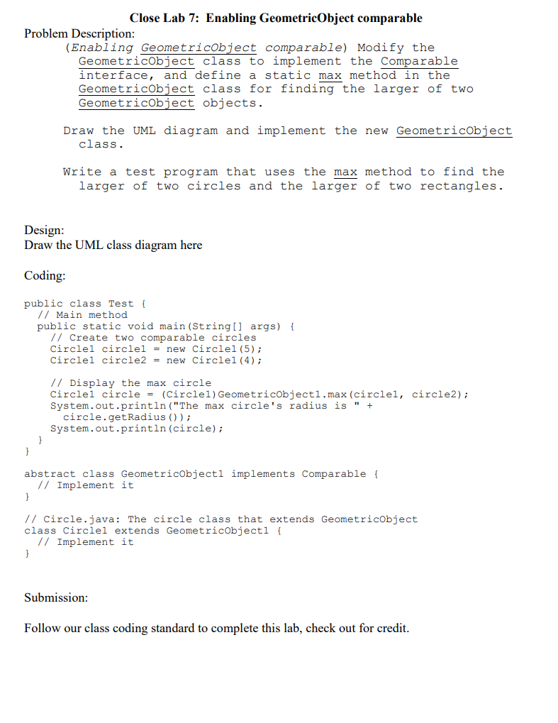 Solved Close Lab 7: Enabling GeometricObject comparable | Chegg.com