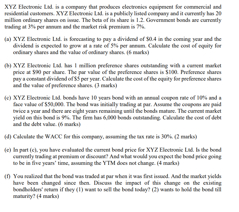 Solved XYZ Electronic Ltd. is a company that produces | Chegg.com