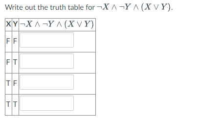 Solved Write out the truth table for ¬X∧¬Y∧(X∨Y). | Chegg.com