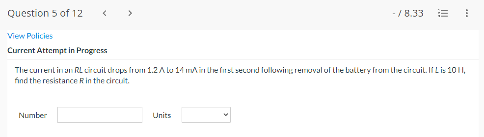 Solved The current in an RL circuit drops from 1.2 A to 14 | Chegg.com