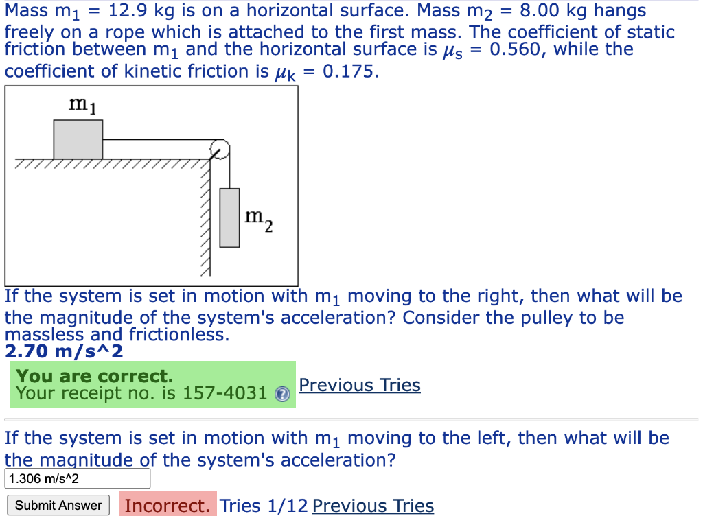 Solved Mass m1=12.9 kg is on a horizontal surface. Mass | Chegg.com
