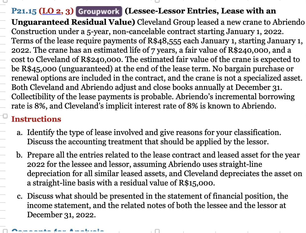 Solved P21.15 (LO 2, 3) (Lessee-Lessor Entries, Lease with | Chegg.com