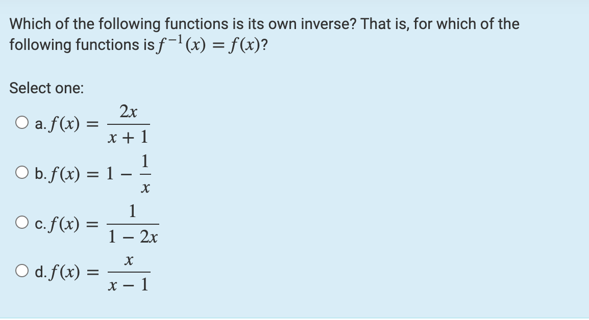 Solved Which of the following functions is its own inverse? | Chegg.com
