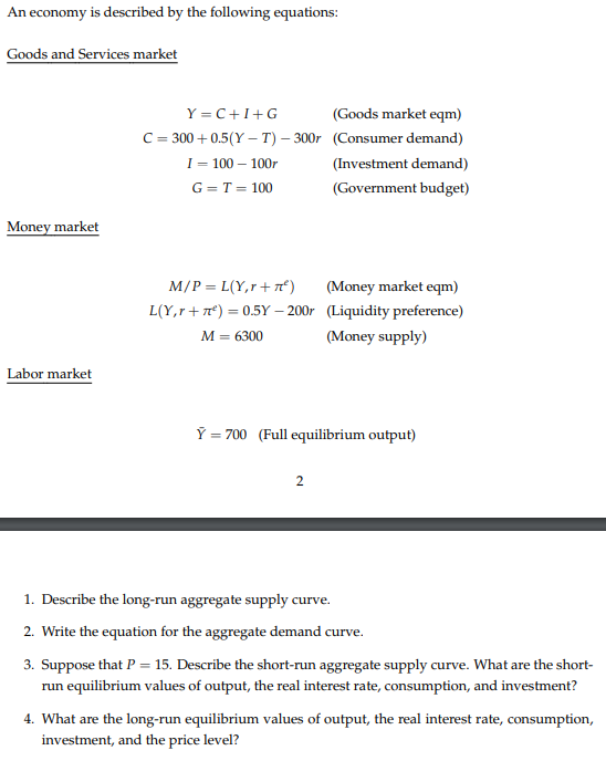 Solved An economy is described by the following equations: | Chegg.com