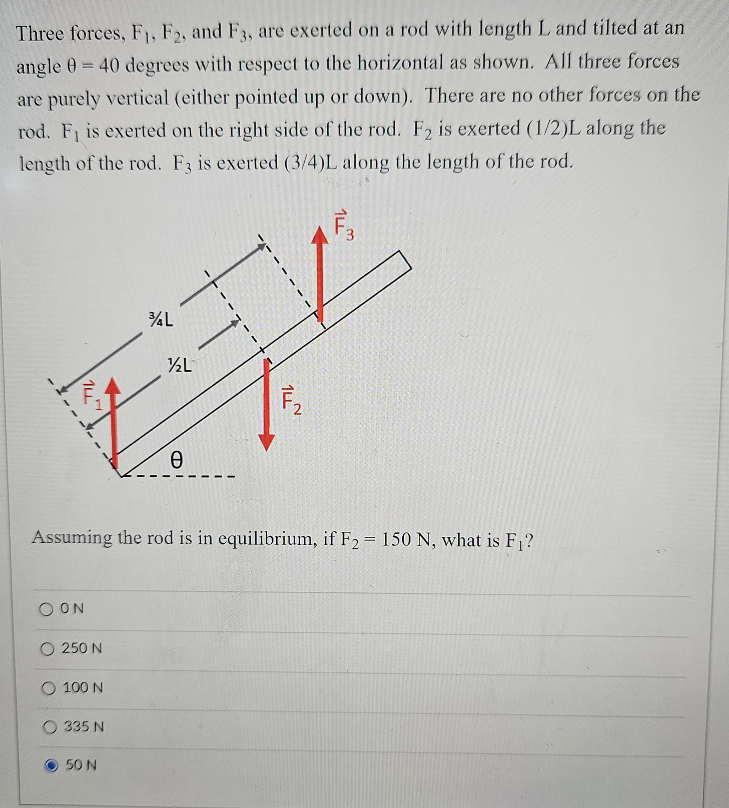Solved Three forces, F1,F2, and F3, are exerted on a rod | Chegg.com