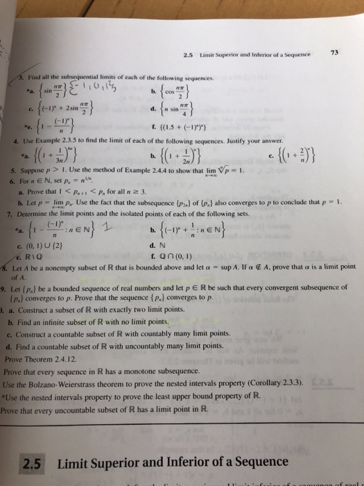 Solved 73 2.5 Limit Superior and Inferior of a Sequence Find | Chegg.com