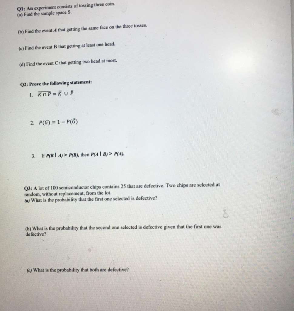 Solved Q1: An experiment consists of tossing three coin. (a) | Chegg.com