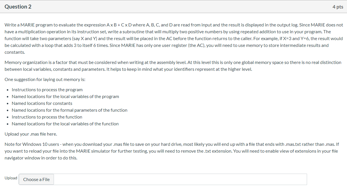 Solved Question 2 4 pts Write a MARIE program to evaluate | Chegg.com
