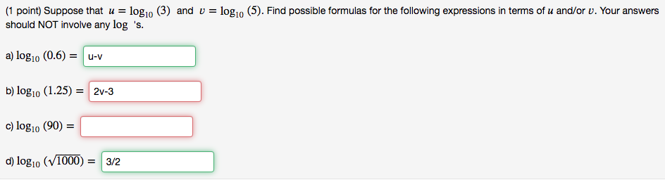 Solved (1 point) Suppose that u= log10 (3) and u = log10 | Chegg.com