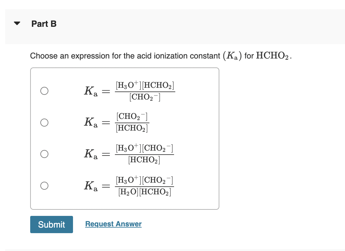 Solved Part BChoose an expression for the acid ionization | Chegg.com