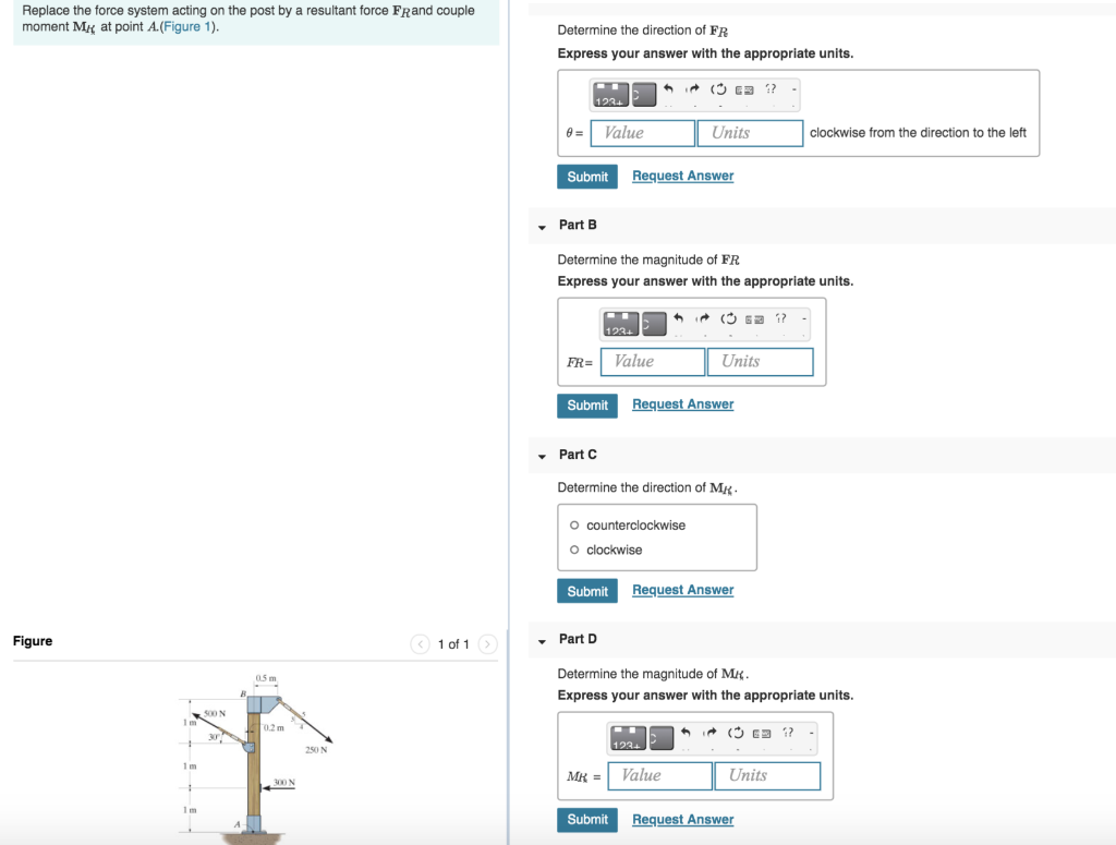 Solved Replace the force system acting on the post by a | Chegg.com